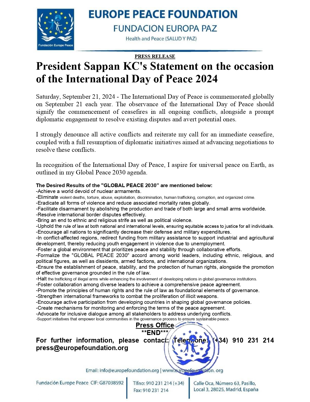President Sappan KC’s Statement on the occasion of the International ...